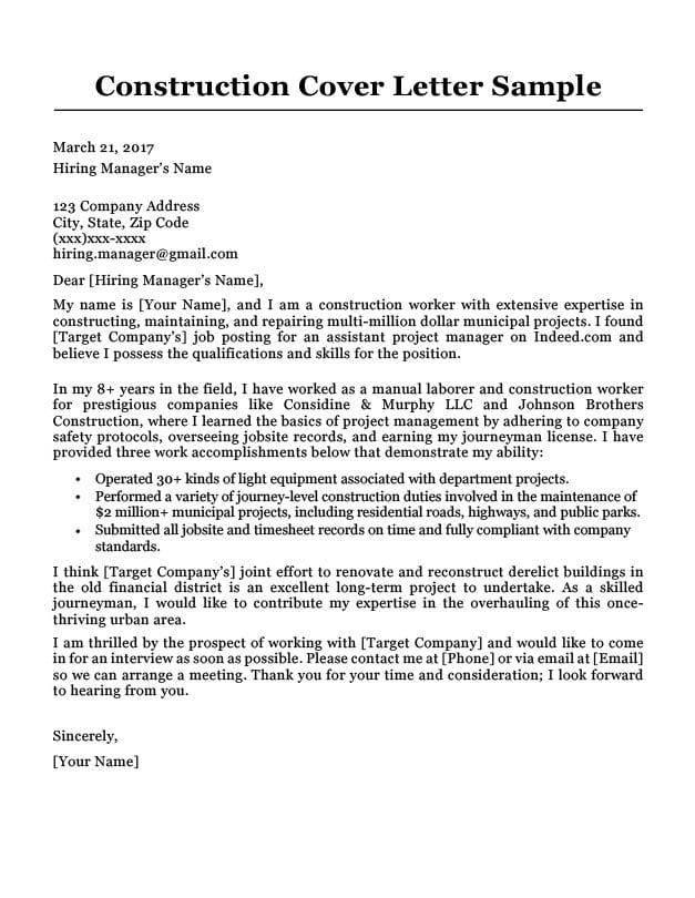 Construction Cover Letter Sample Resume Companion