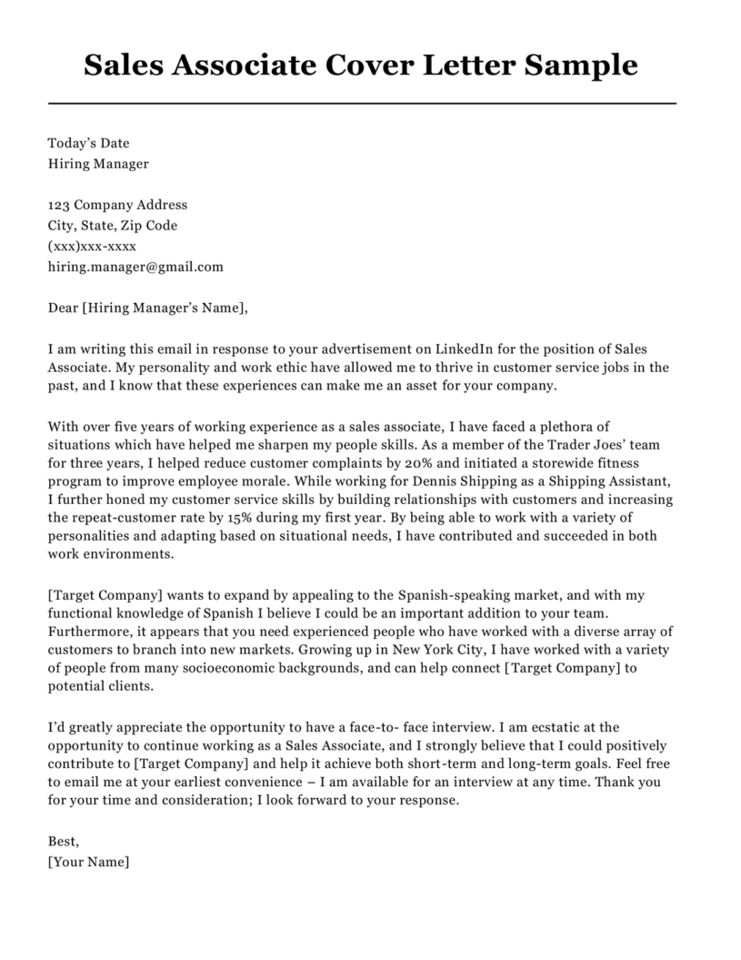 Sales Associate Cover Letter Sample | Resume Companion