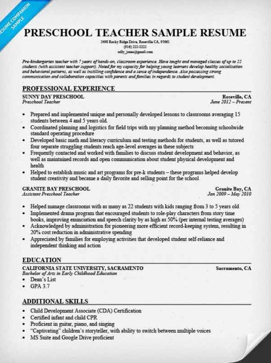 Preschool Teacher Resume Sample Writing Tips Resume Companion