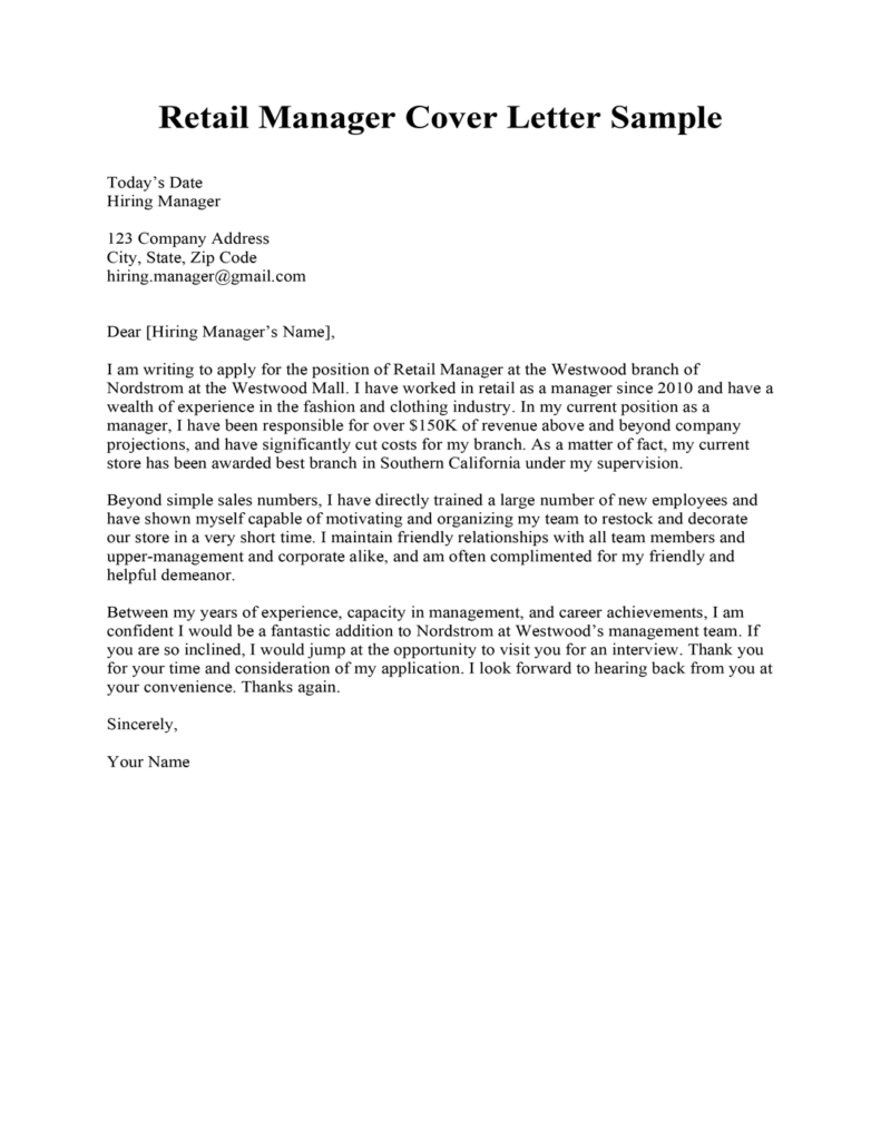 Retail Manager Cover Letter Sample Resume Companion
