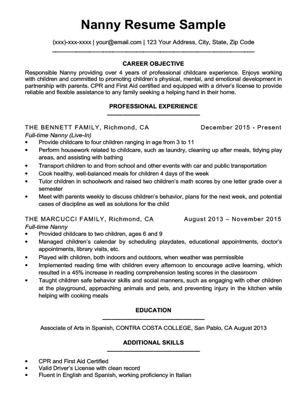 Nanny Resume Sample Writing Tips Resume Companion