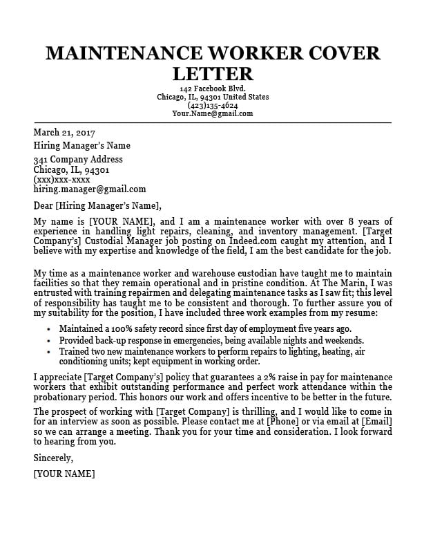 Maintenance Worker Cover Letter Sample Resume Companion
