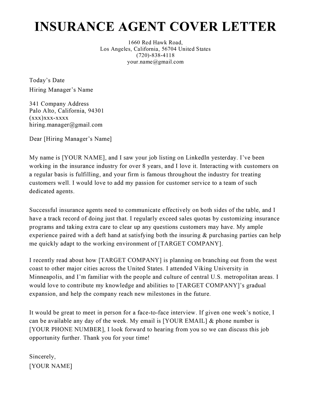 Insurance Agent Cover Letter Sample Resume Companion Insurance Agent Cover Letter Sample Resume Companion