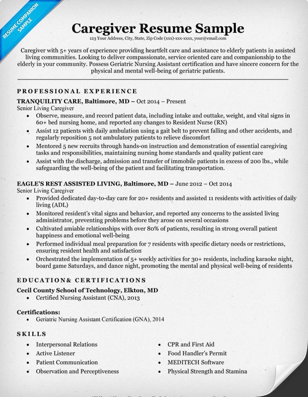 Caregiver Resume Sample Writing Tips Resume Companion
