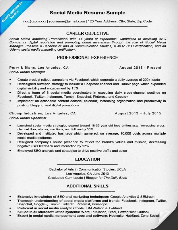Social Media Resume Sample Writing Tips Resume Companion