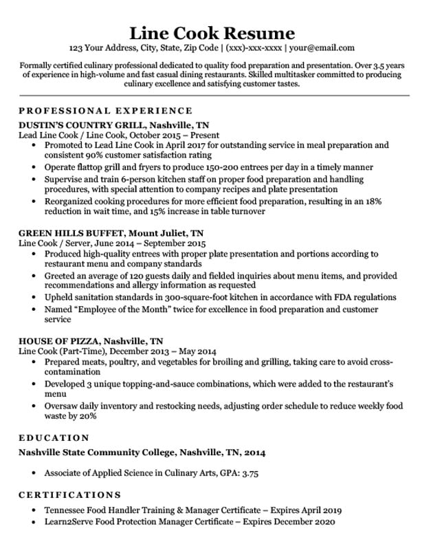 Line Cook Resume Sample Writing Tips Resume Companion