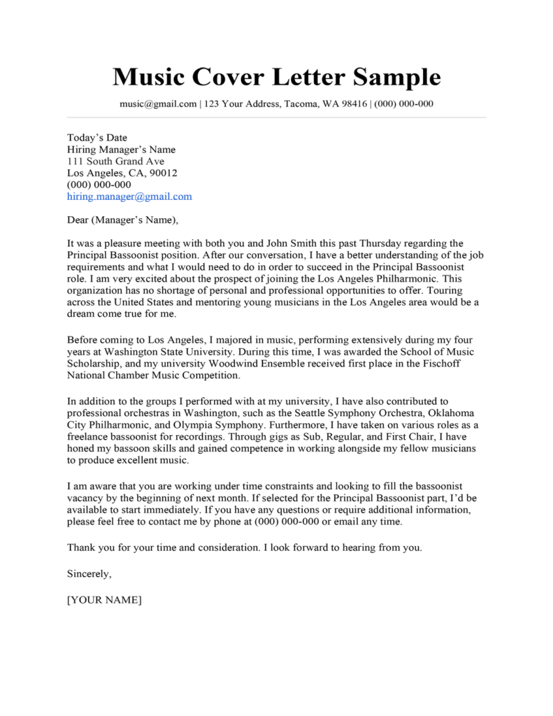 Music Cover Letter Sample & Writing Tips | Resume Companion