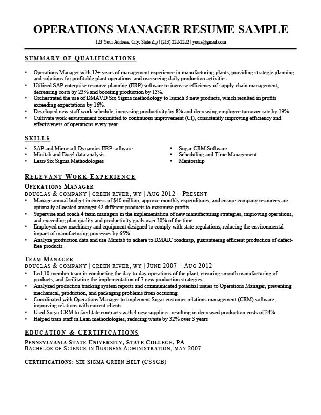 Operations Manager Resume Sample Writing Tips RC