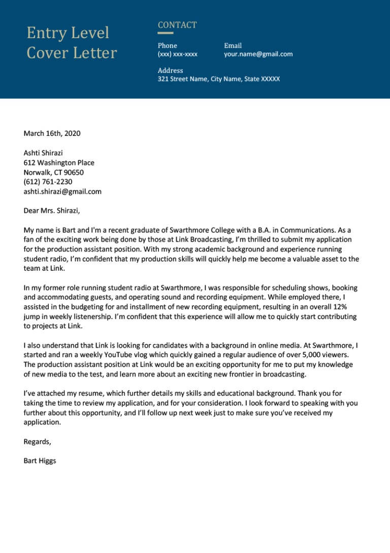 Cover Letter Examples Entry Level Cover Letter Examples Entry Level